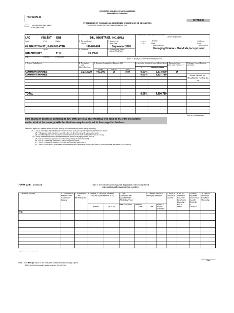 SEC Form 23-B: Ownership Changes Report | PDF | Securities (Finance ...