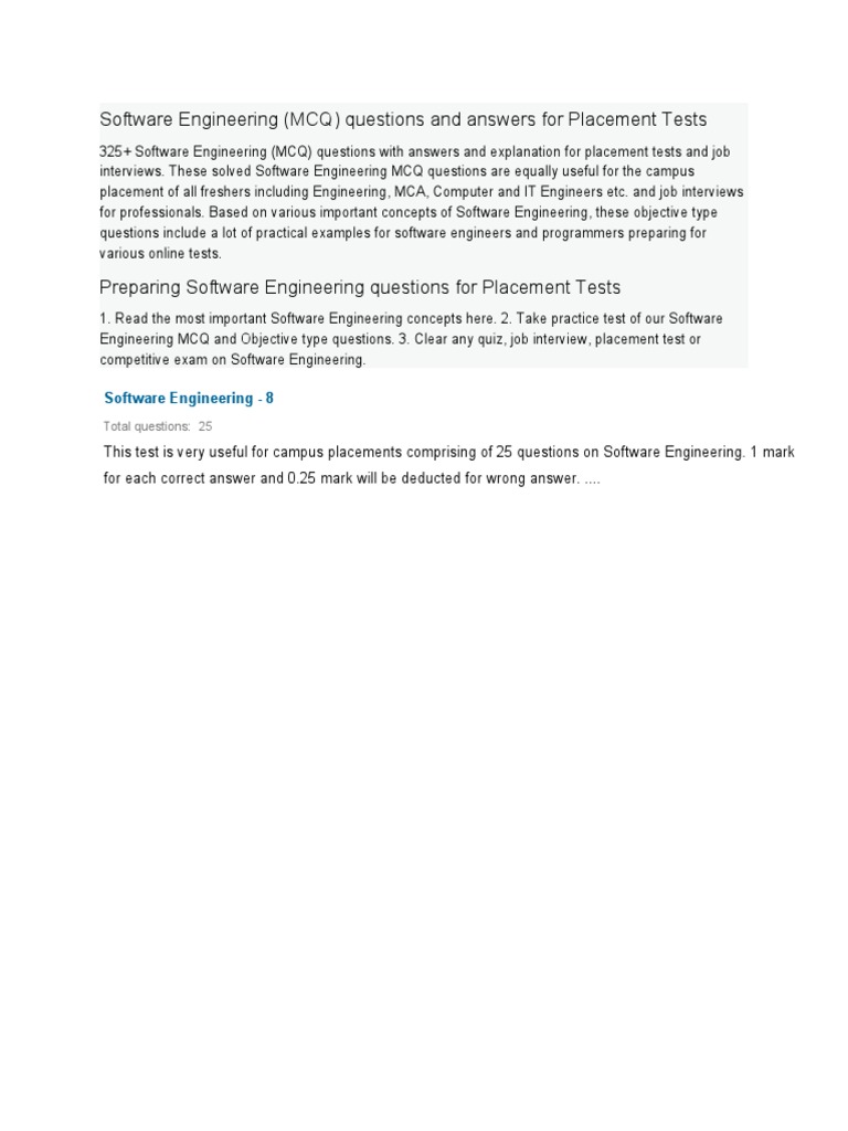 Software Engineering (MCQ) Questions and Answers For Placement Tests | PDF