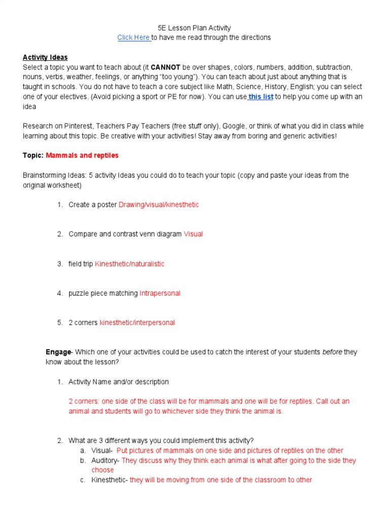 5E Lesson Plan: Teaching Mammals & Reptiles | PDF | Neuropsychological ...