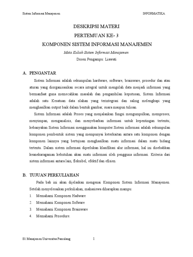 Materi Pertemuan Ke-3 KOMPONEN SISTEM INFORMASI MANAJEMEN | PDF ...