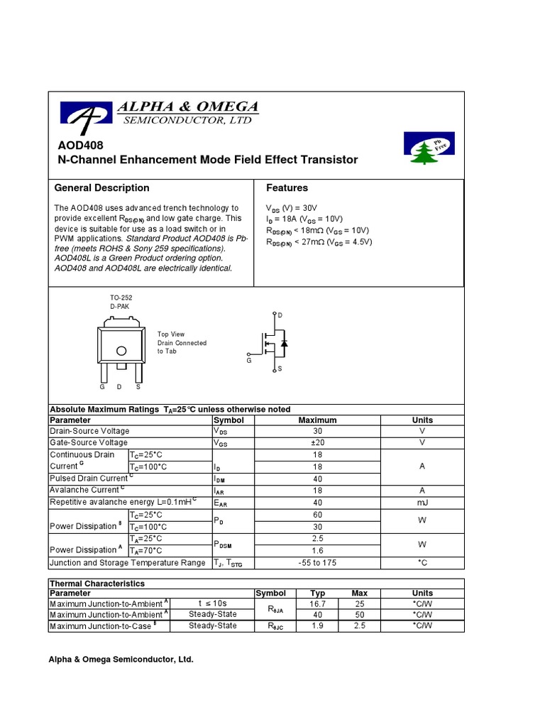 AOD408 N-Channel Enhancement Mode Field Effect Transistor: Features ...