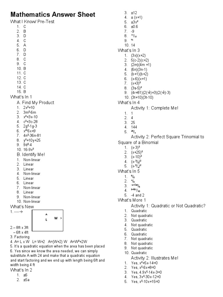 Mathematics Answer Sheet | PDF | Quadratic Equation | Nonlinear System
