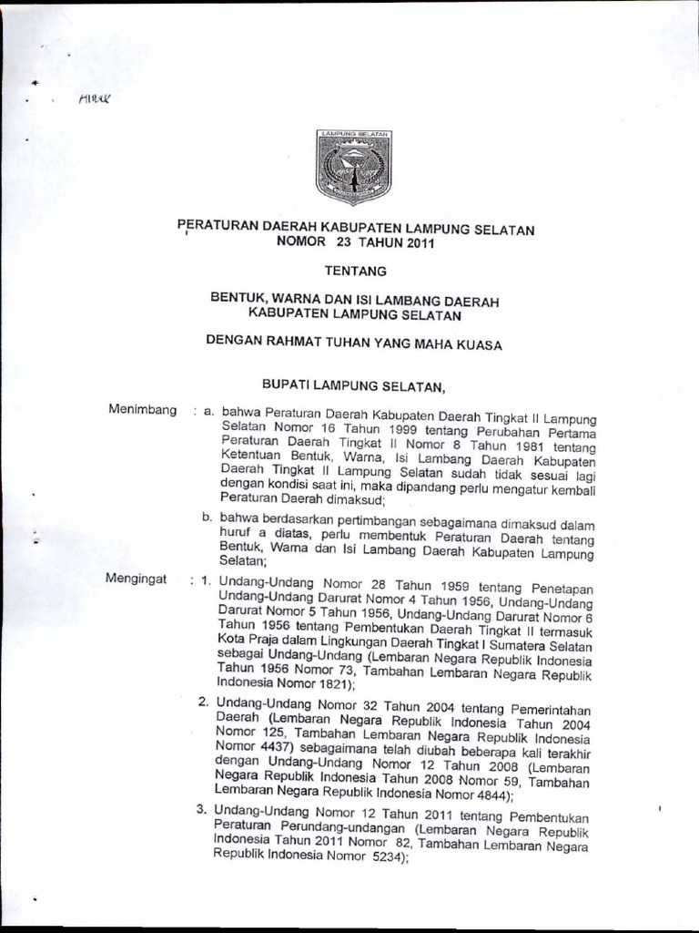 Perda Kabupaten Lamsel 23.2011 Bentuk, Warna Dan Isi Lambang Daerah ...