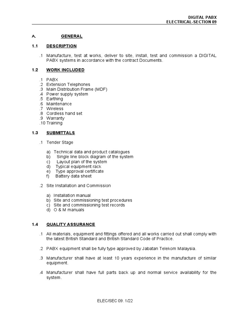 13 S-09 Electrical Spesifikasi Telephone Pabx | PDF | Telephone ...