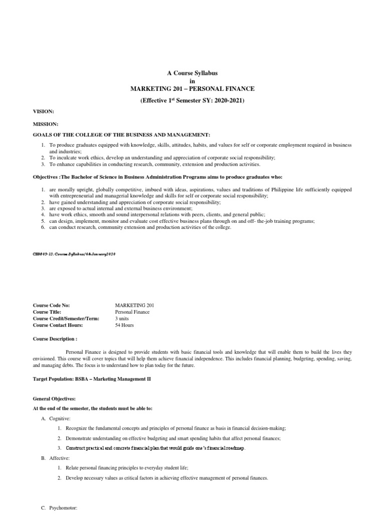 Personal Finance Course Syllabus | PDF | Curriculum | Goal