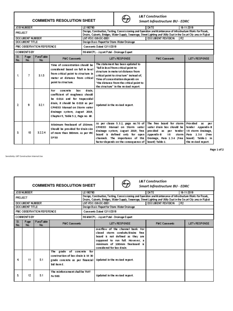 Comments Resolution Sheet: L&T Construction Smart Infrastructure BU ...