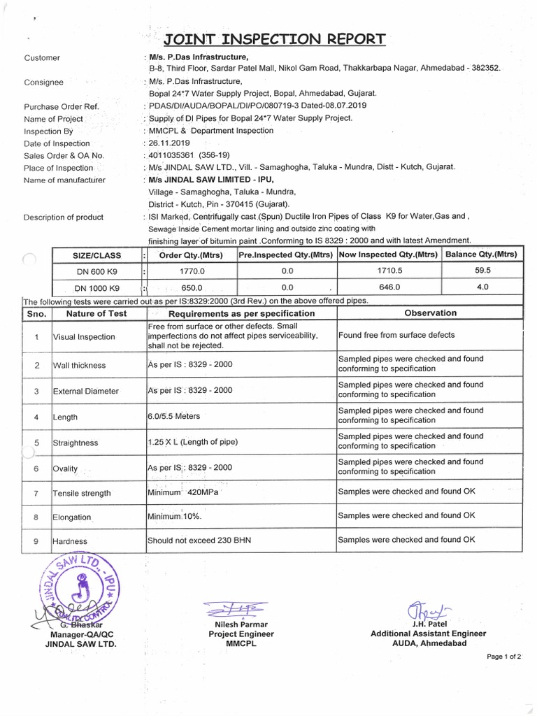 Joint Inspection Report-DI PIPE | PDF