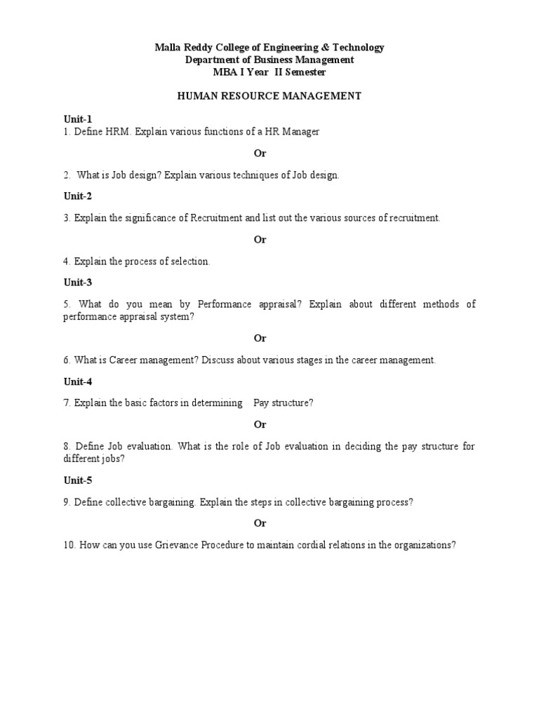 HRM Question Bank-Updated | PDF | Performance Appraisal | Human Resource Management