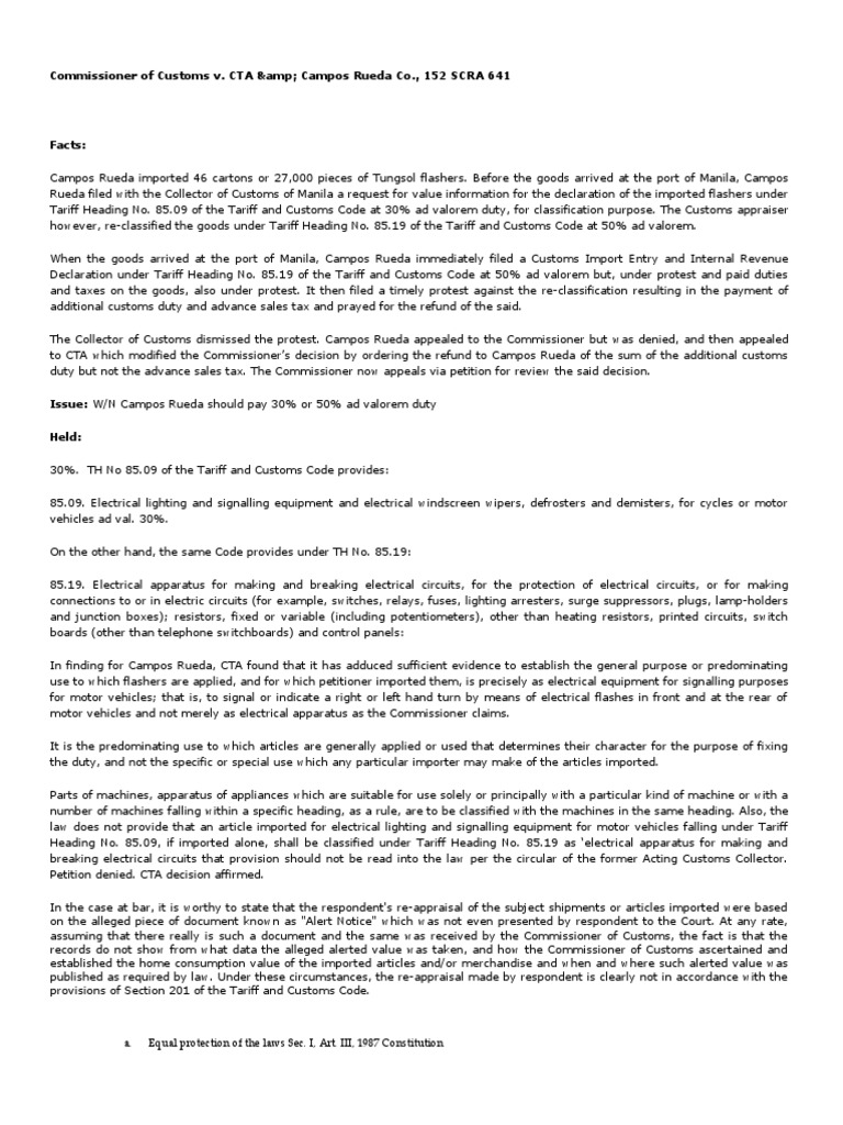 Customs Duty Dispute: Campos Rueda Case | PDF | Equal Protection Clause ...