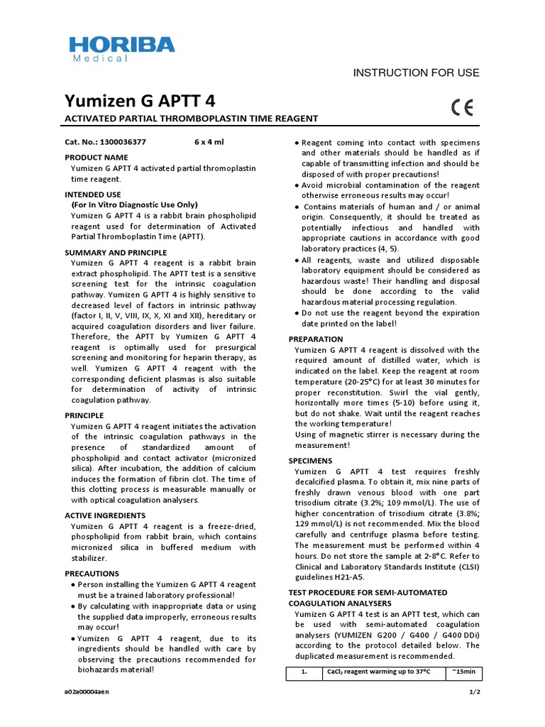 A02a00004aen Yumizen G APTT PDF | PDF | Coagulation | Blood Plasma