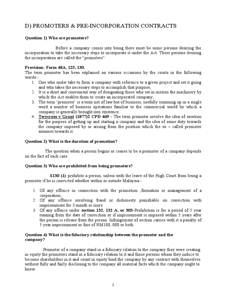 D) Promoters & Pre-Incorporation Contracts | PDF | Fiduciary | Ratification