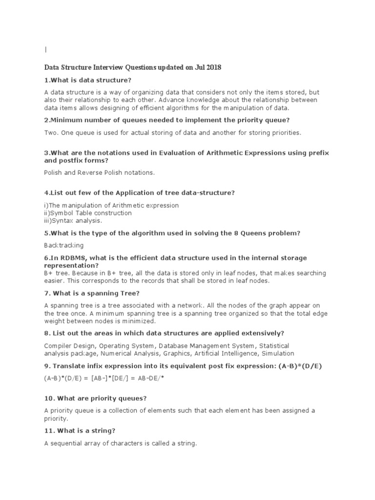 Data Structure Interview Questions Updated On Jul 2018 | PDF | Queue ...