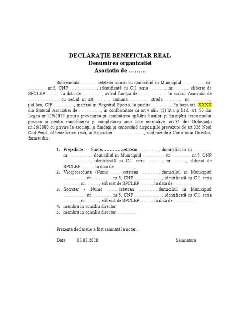 01 DECLARAŢIE BENEFICIAR REAL - Model | PDF