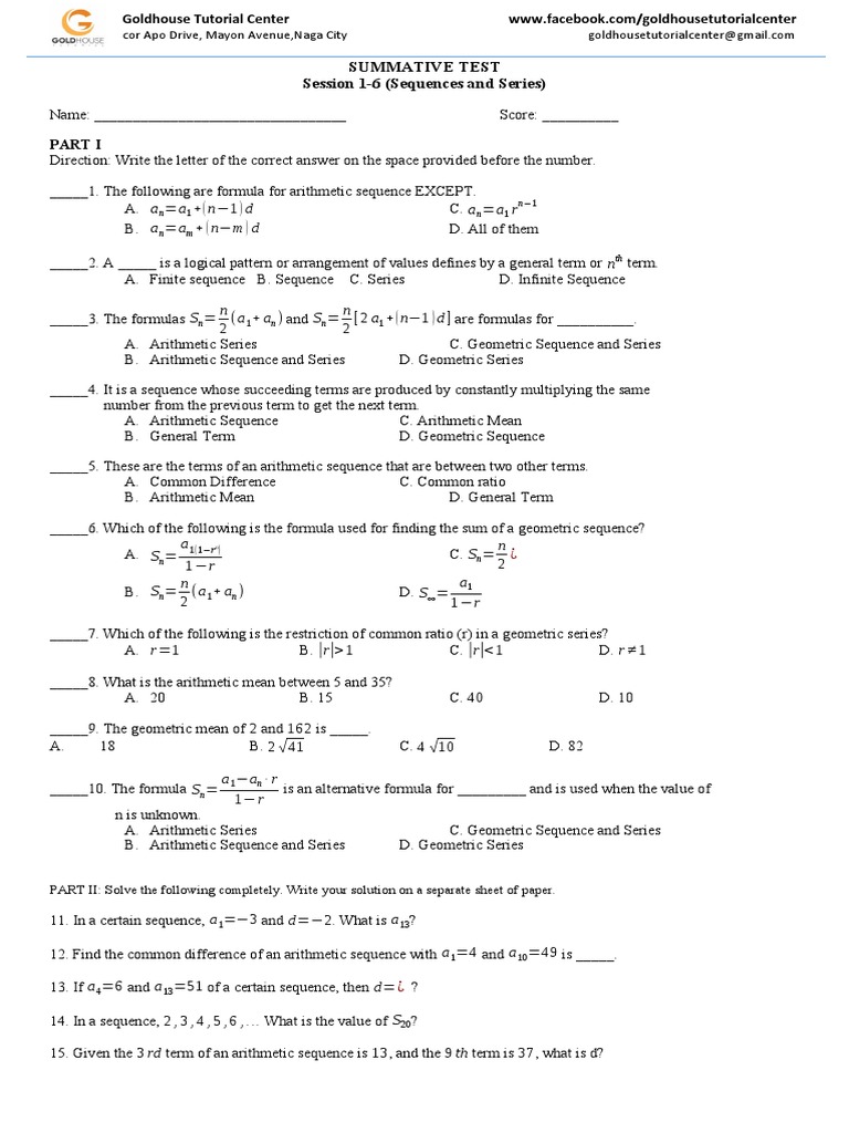 Sequences and Series Summative Test | PDF | Sequence | Mathematical ...