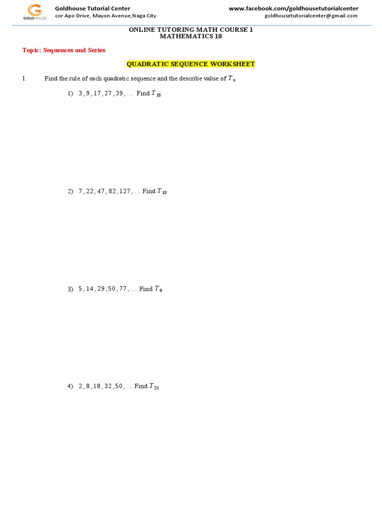 Quadratic Sequence Worksheet | PDF