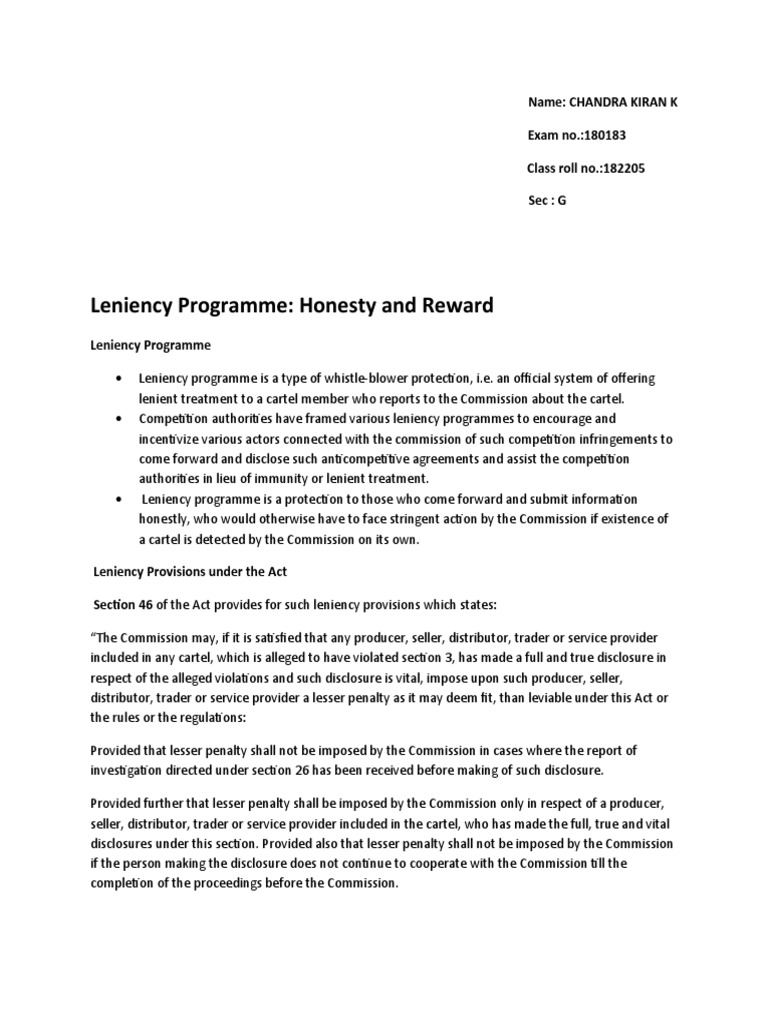 Leniency Programme: Honesty and Reward: Name: Chandra Kiran K Exam No ...