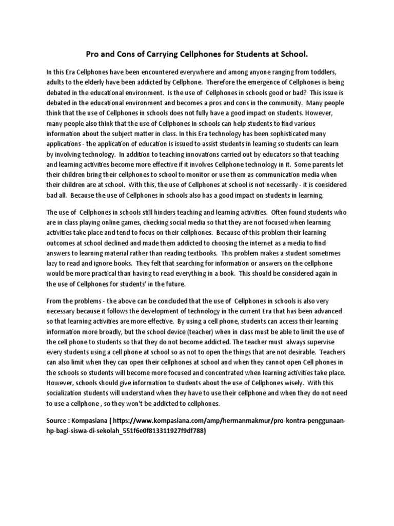 Pro and Cons of Carrying Cellphones For Students at School by Angelia ...