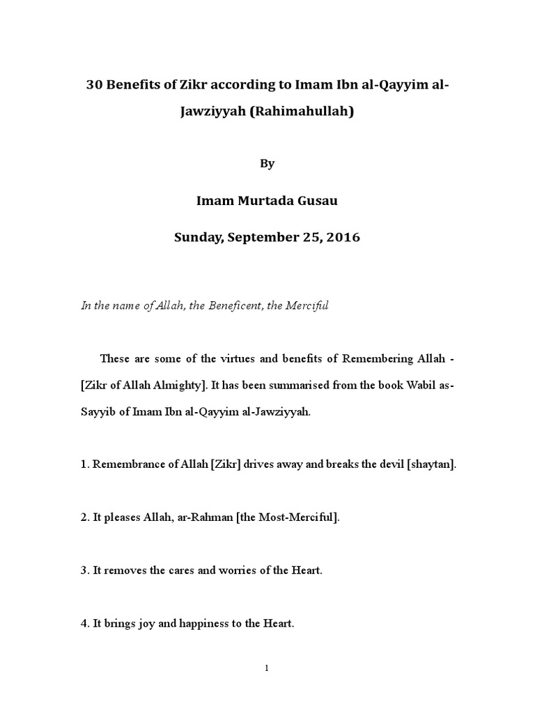 '30 - Benefits - of - Zikr - According - To - Imam Qayyim | PDF ...