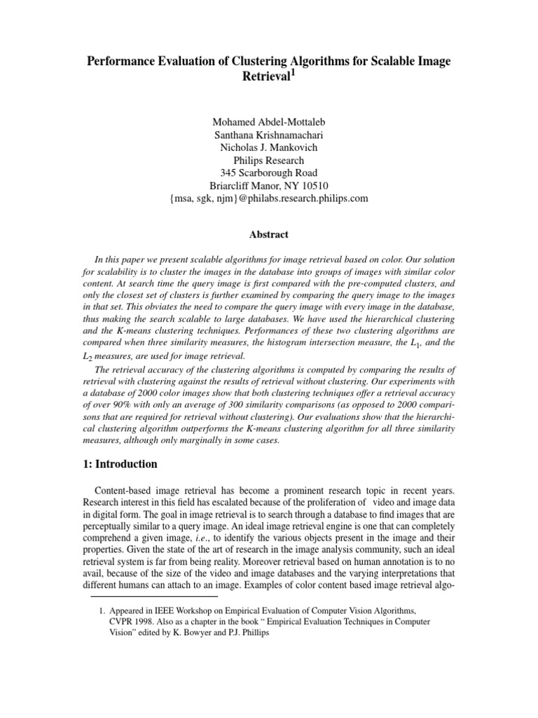 Performance of Clustering Algorithms for Scalable Image Retrieval | PDF | Cluster Analysis ...