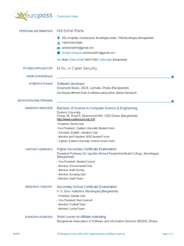 MD Sohel Rana: Curriculum Vitae | PDF | Bangladesh | Learning