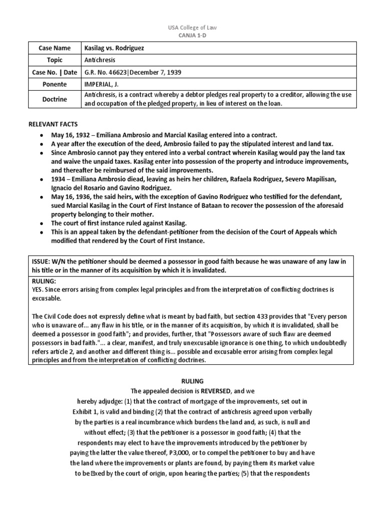 Kasilag vs. Rodriguez: Antichresis Ruling | PDF | Common Law | Justice