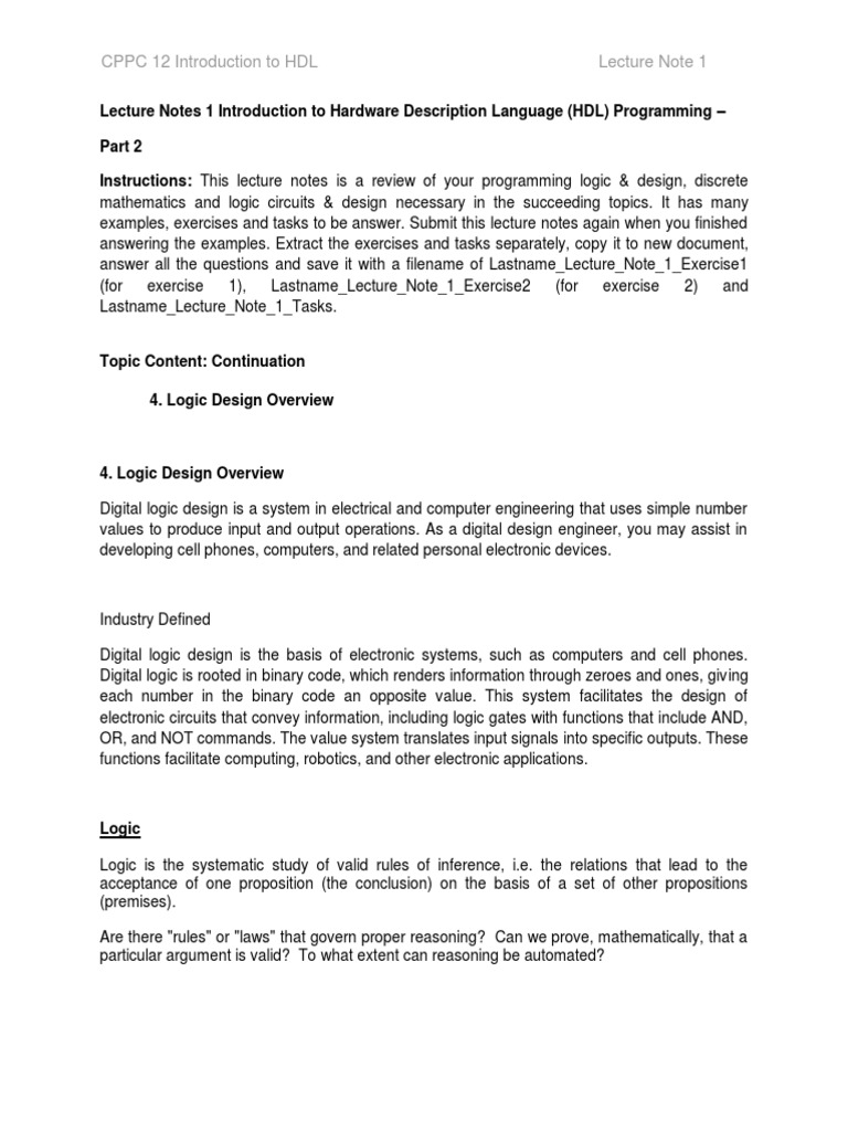 Cppc 12 Lecture Notes 1 Introduction To Hdl Part 2 Pdf Pdf Logic Gate If And Only If