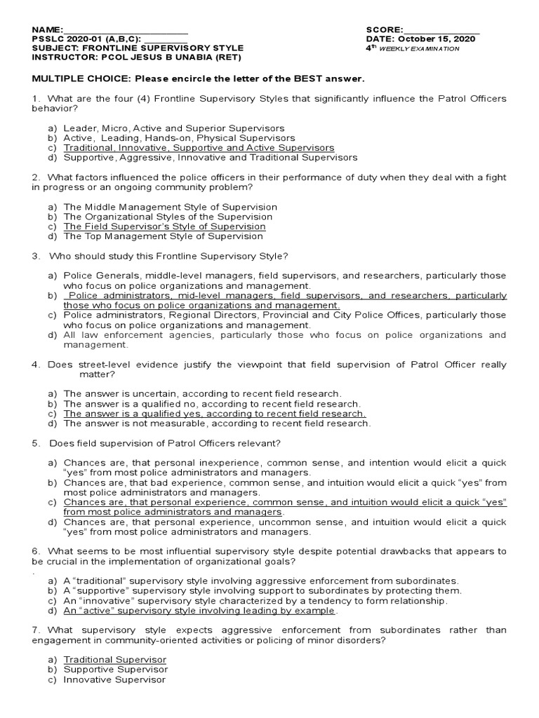 Police Supervisory Styles Exam | PDF | Police | Psychology