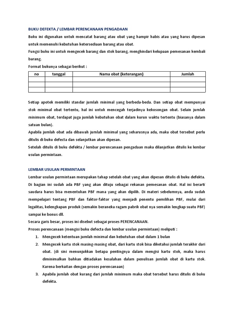 Fungsi dan Contoh Buku Defecta Apotek | PDF