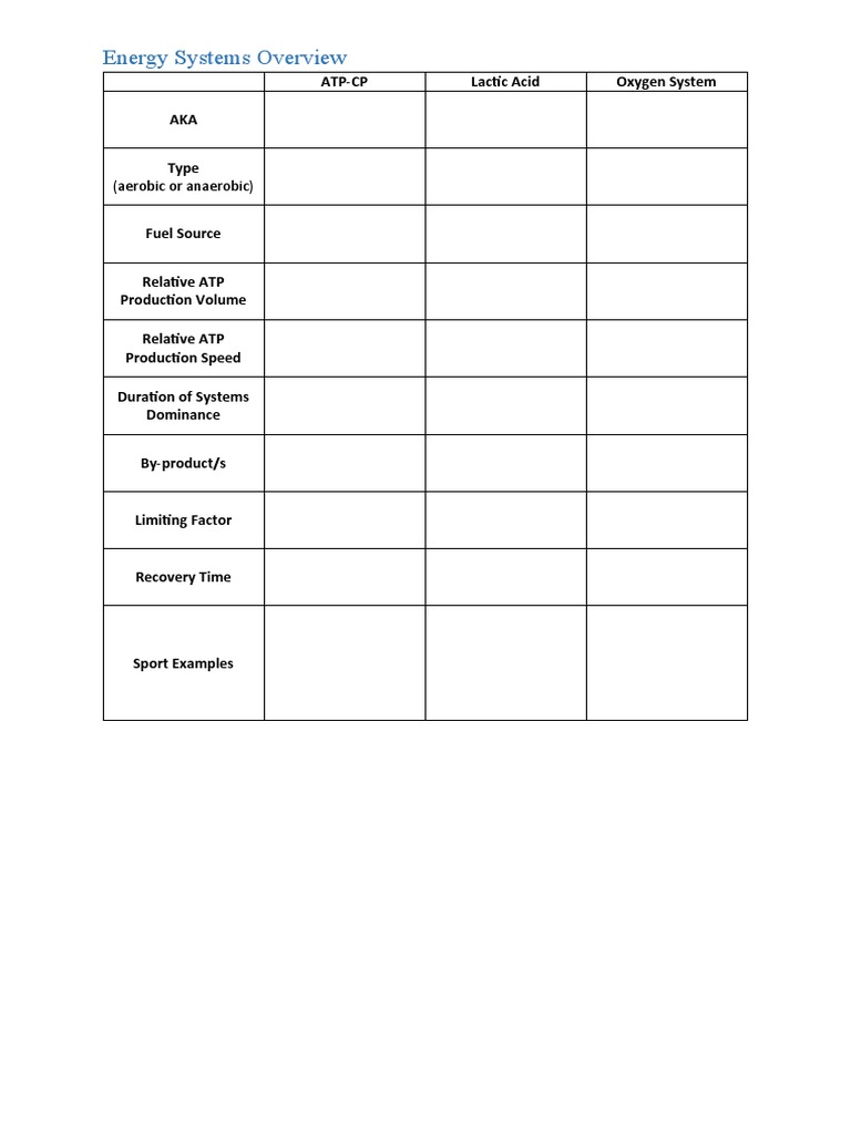 Energy Systems Worksheet | PDF | Cellular Respiration | Track And Field