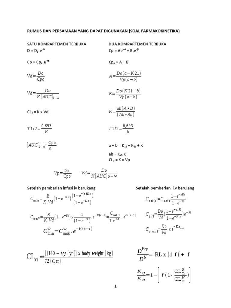 Rumus Dan Persamaan Yang Dapat Digunakan (Soal Farmakokinetika) | PDF