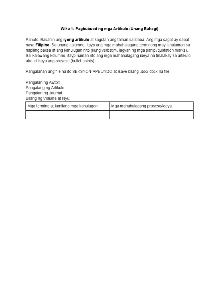 Wika 1 Pagbubuod NG Mga Artikulo (Unang Bahagi) | PDF