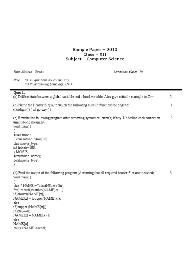 Sample Paper 2010 Class Xii Subject Computer Science Pdf Array Data Structure Subroutine