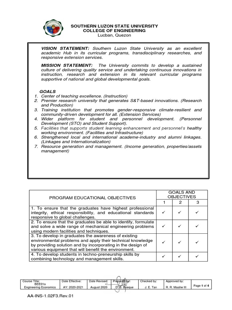 BEE01a - Engineering Economics 2020-2021 - New Curriculum - Rev.2 | PDF ...