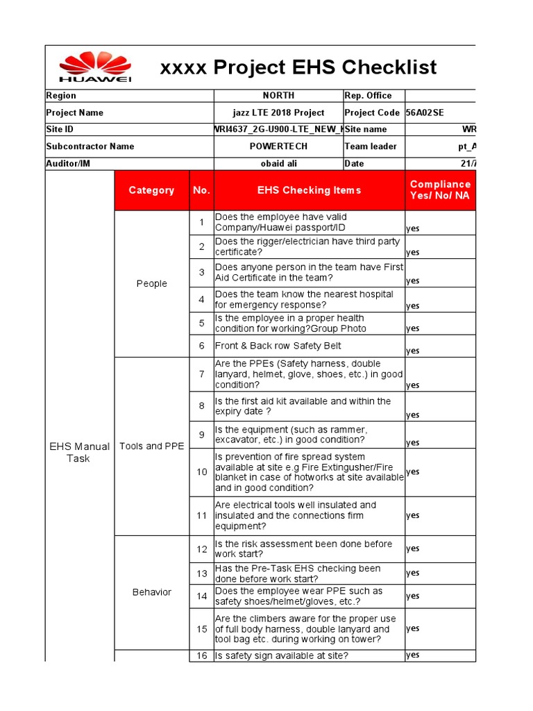 Project EHS Checklist: jazz LTE 2018 Project Site Audit Report | PDF | Personal Protective ...