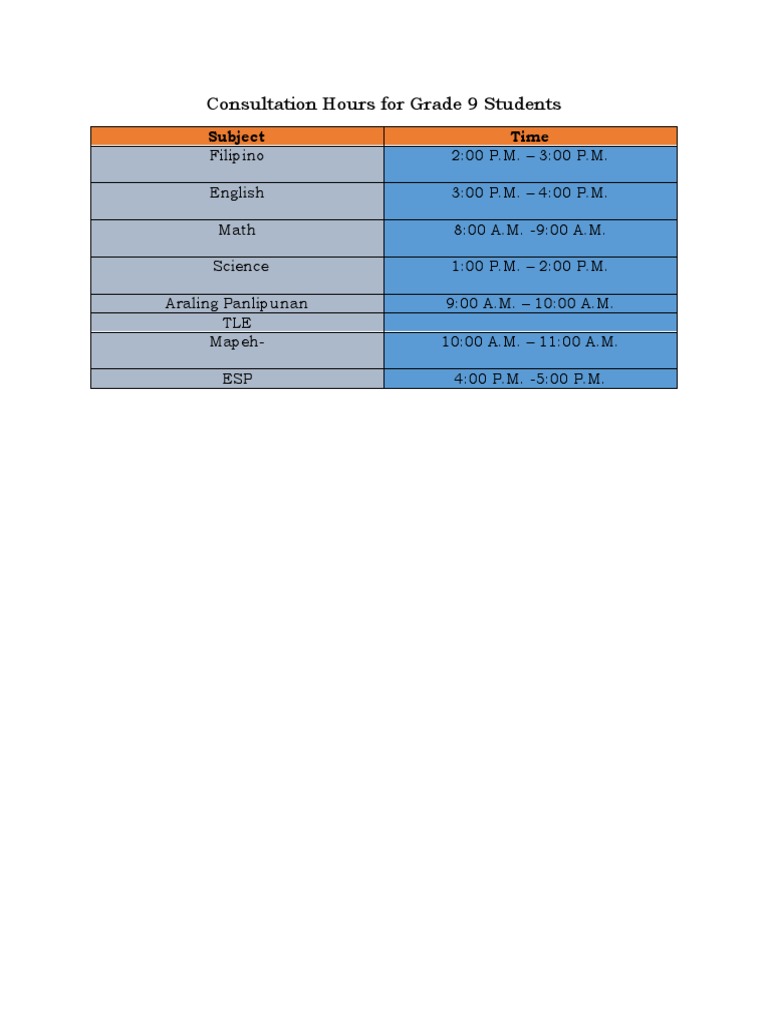 Consultation Hours For Grade 9 Students | PDF