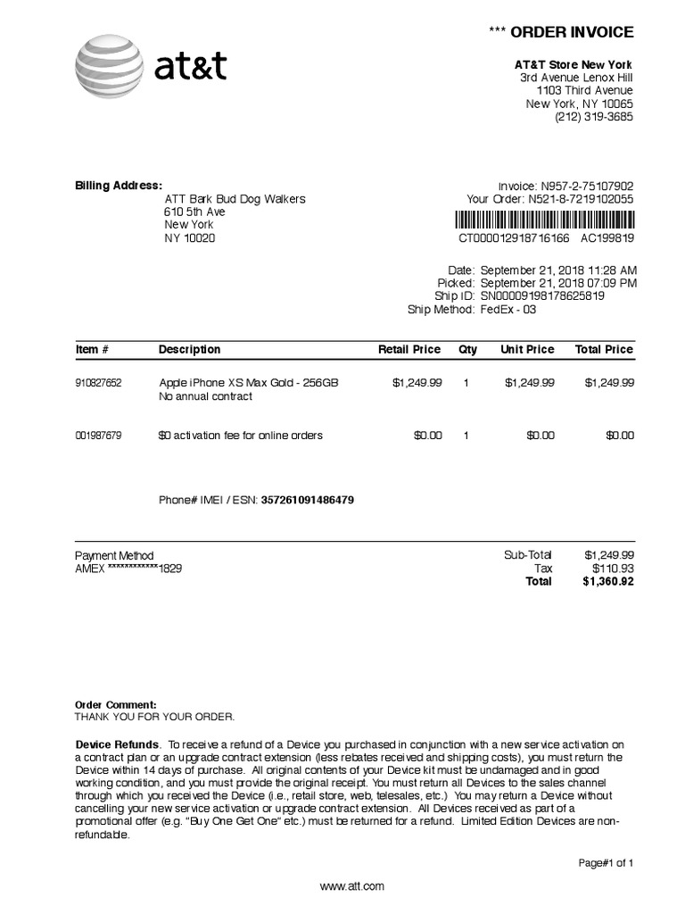 Order Invoice: AT&T Store New York | PDF | Receipt | Apple Inc.