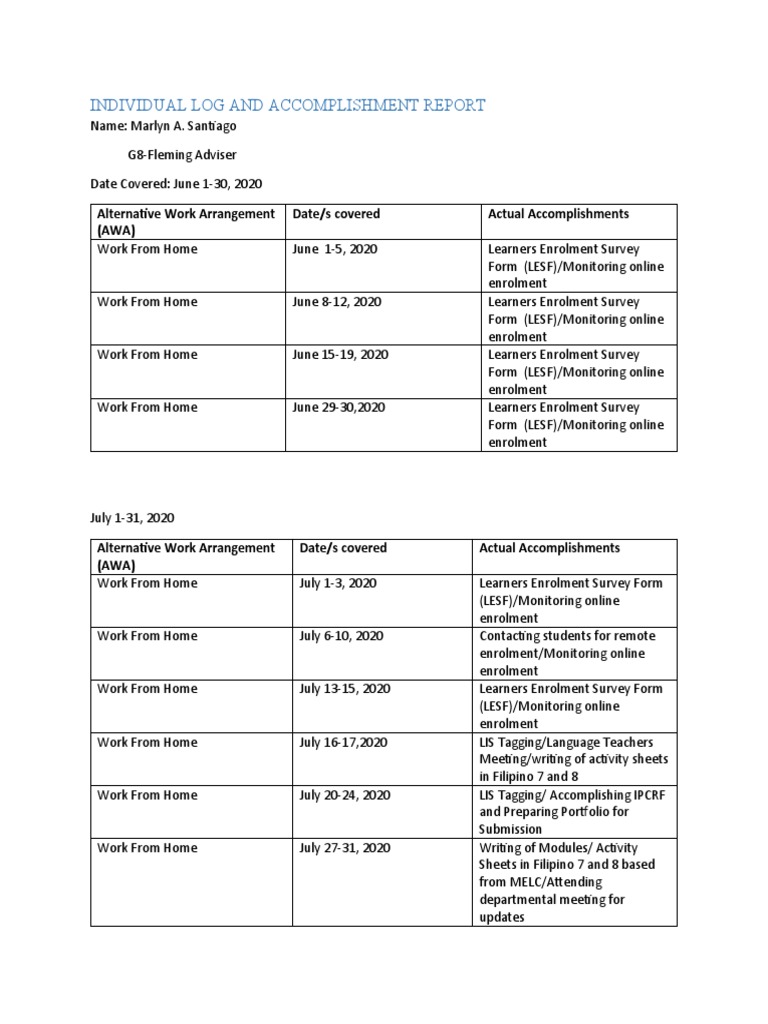 Individual Log and Accomplishment Report: Alternative Work Arrangement ...