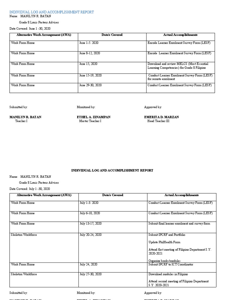 Individual Log and Accomplishment Report: Alternative Work Arrangement ...