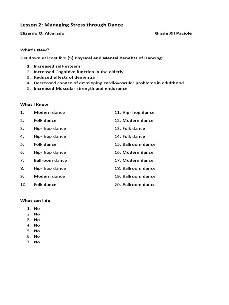 HOPE 12 Week 2 Answer Key | PDF | Balance (Ability) | Dances