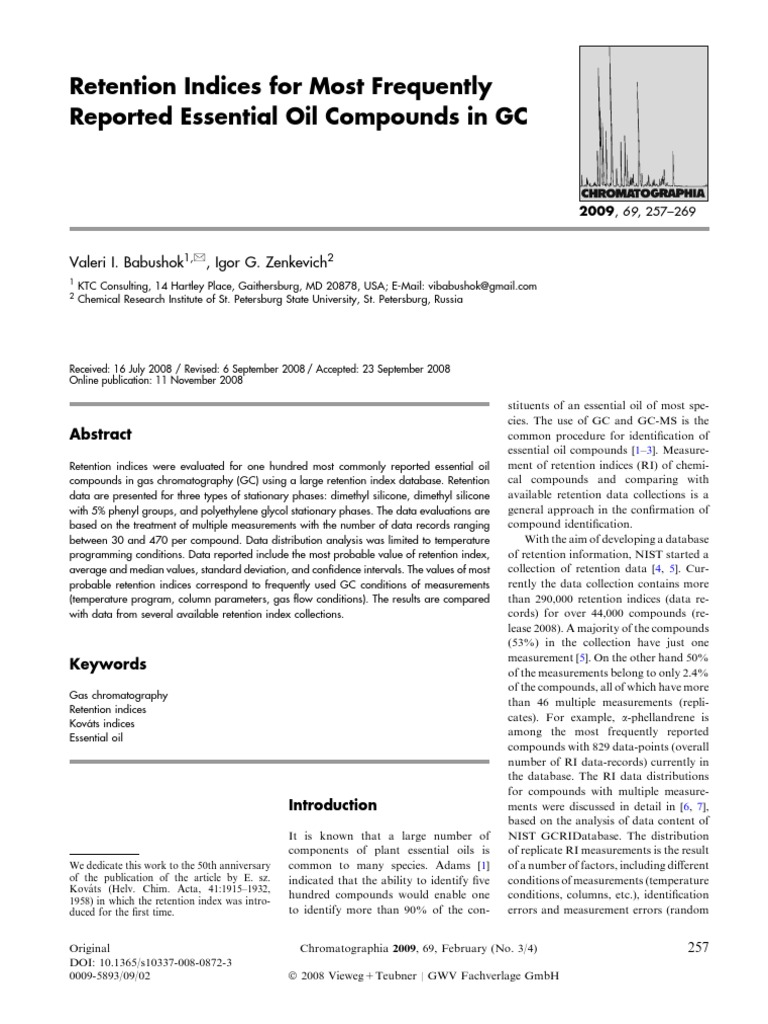 Retention Indices For Most Frequently Reported Essential Oil Compounds ...