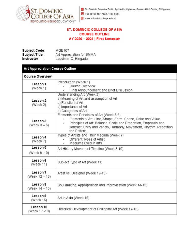 Subject Code: Subject Title: Instructor: Art Appreciation Course ...