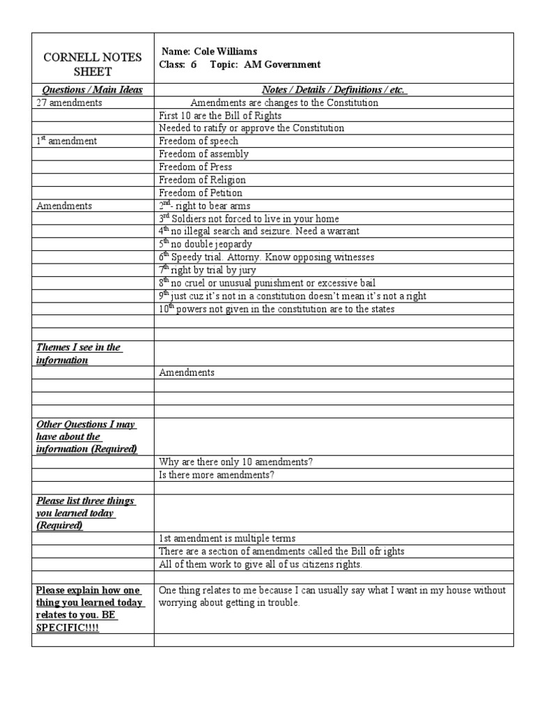 Cornell Notes Sheet: Questions / Main Ideas Notes / Details ...
