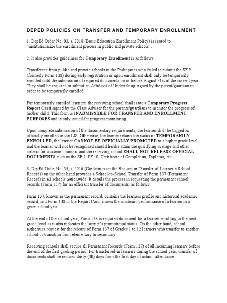 Deped Policies On Transfer and Temporary Enrollment | PDF | Students ...