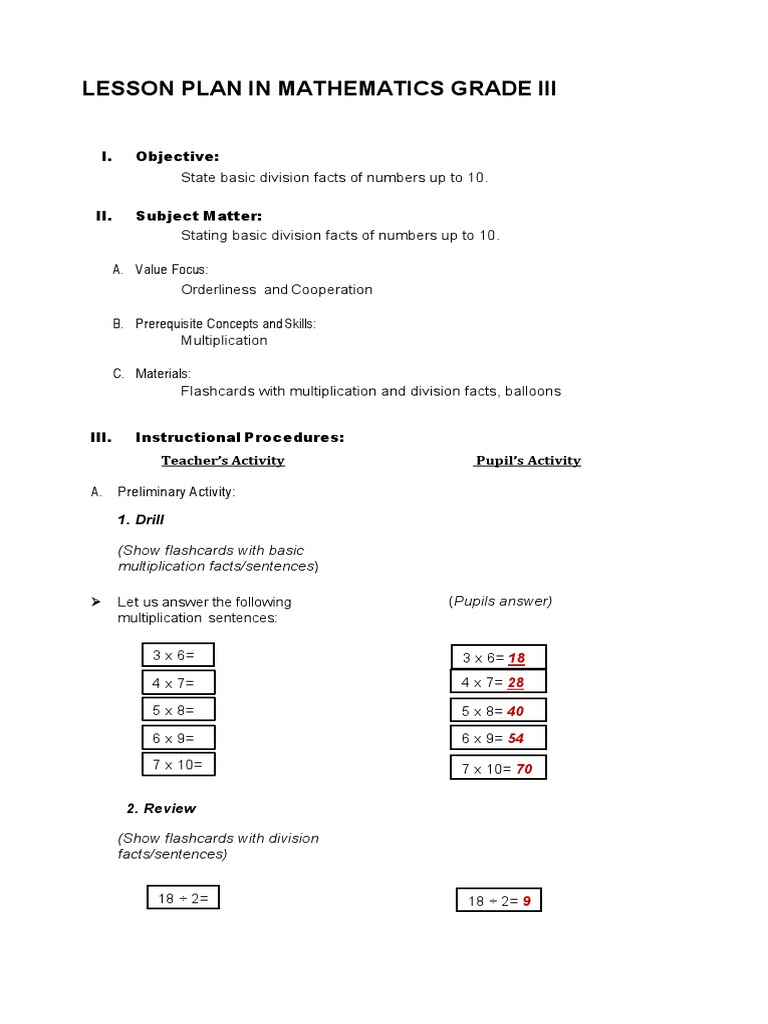 Detailed Lesson Plan in Mathematics Grade 3 | PDF | Division ...