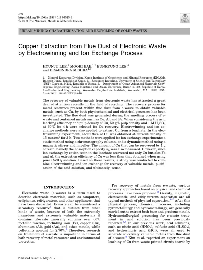 Copper Extraction From Flue Dust of Electronic Waste by Electrowinning ...