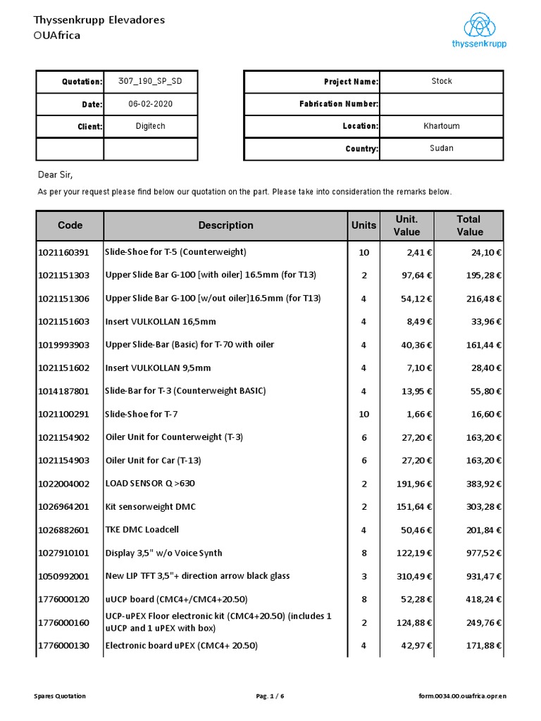 Code Units Unit. Value Total Value Description: Quotation: Date: Client ...