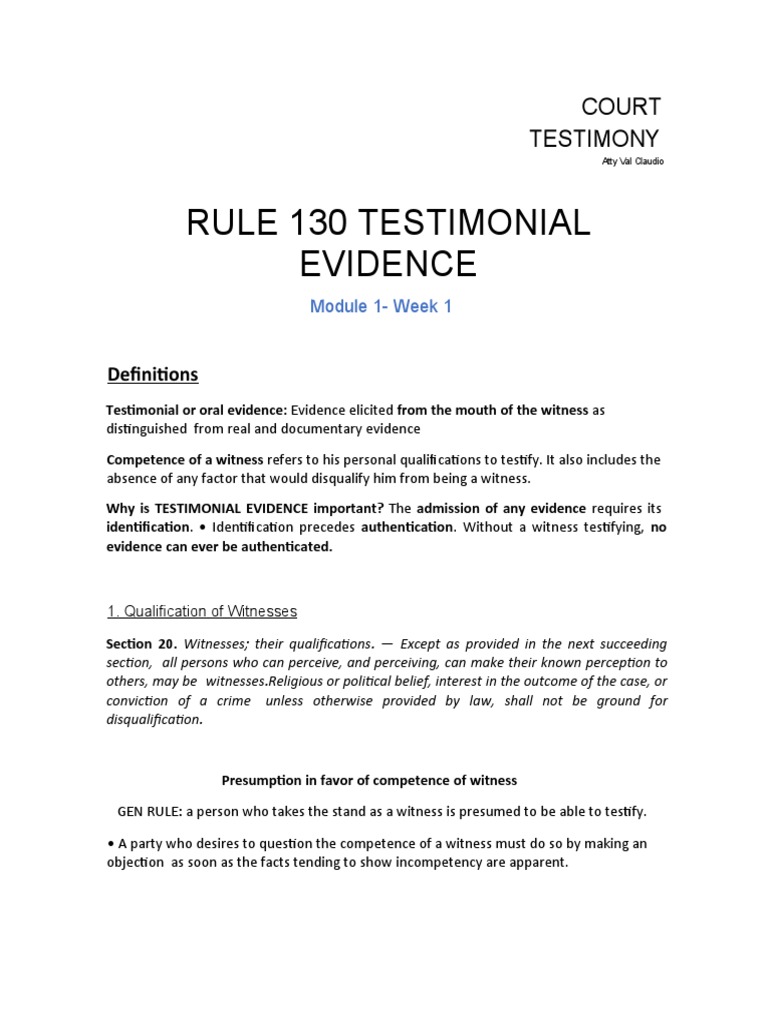 Rule 130 Testimonial Evidence: Court Testimony | Download Free PDF ...