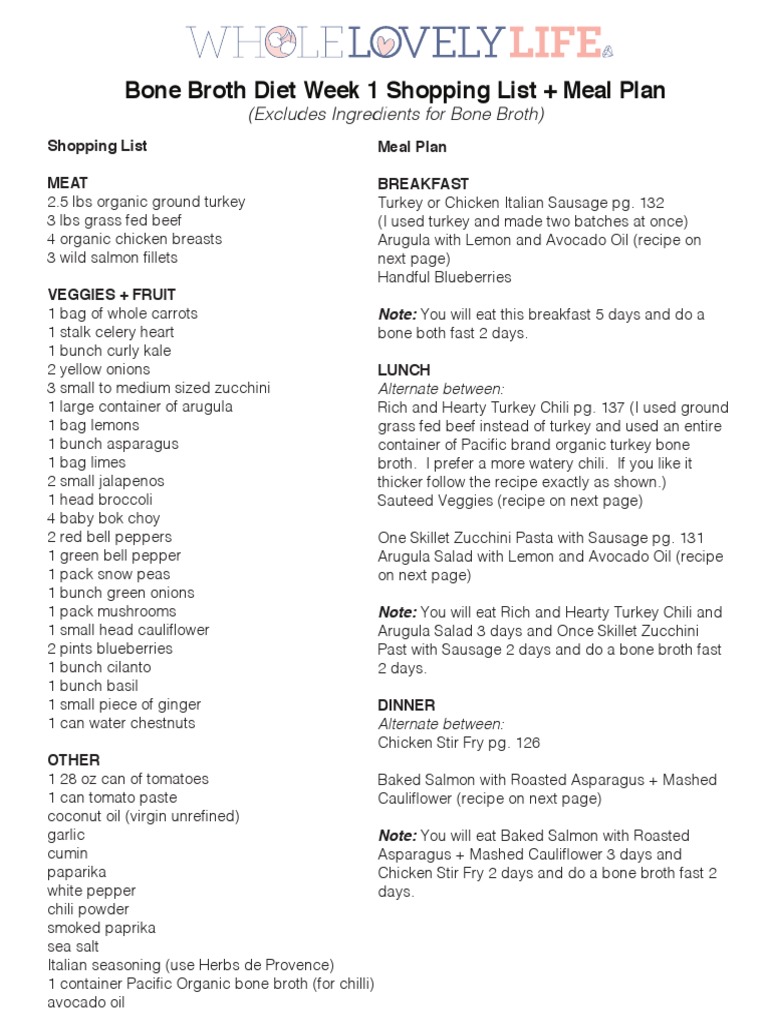 Bone Broth Diet Week 1 Shopping List and Meal Plan 1 | PDF | Meal ...
