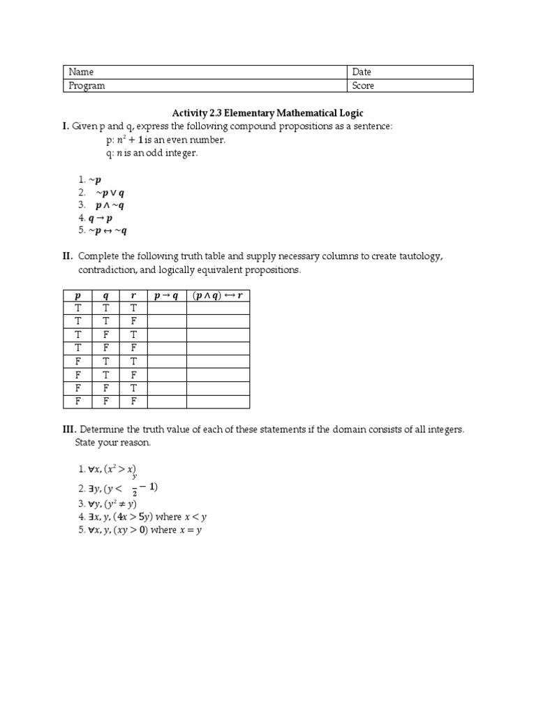 Activity 2.3 Elementary Mathematical Logic | PDF