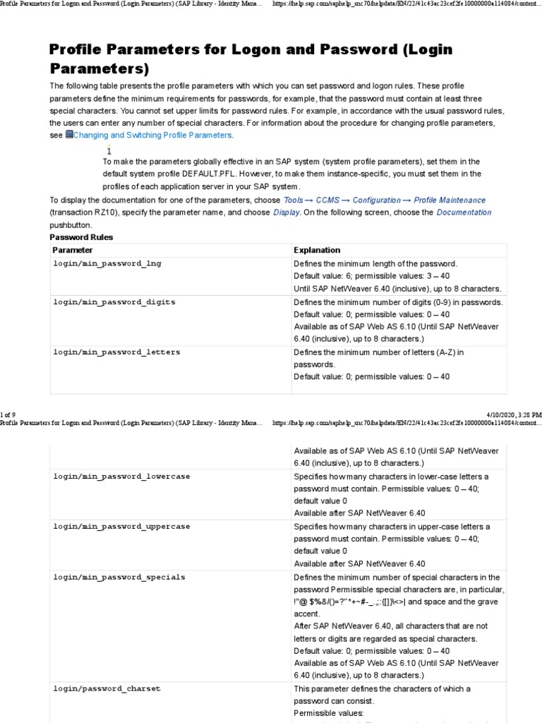 SAP Profile Parameter For Logon and Password | PDF | Login | Password
